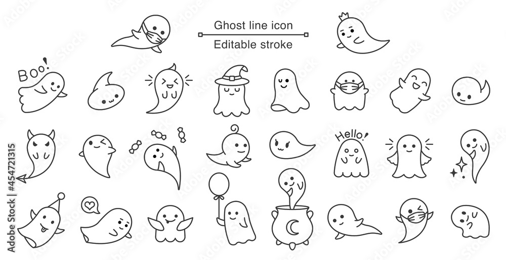 Halloween ghost line icon. Vector cute line art ghost. Editable stroke ...