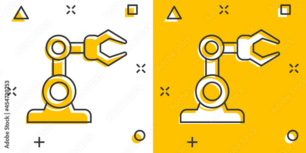 Robot arm icon in comic style. Mechanic manipulator cartoon vector ...
