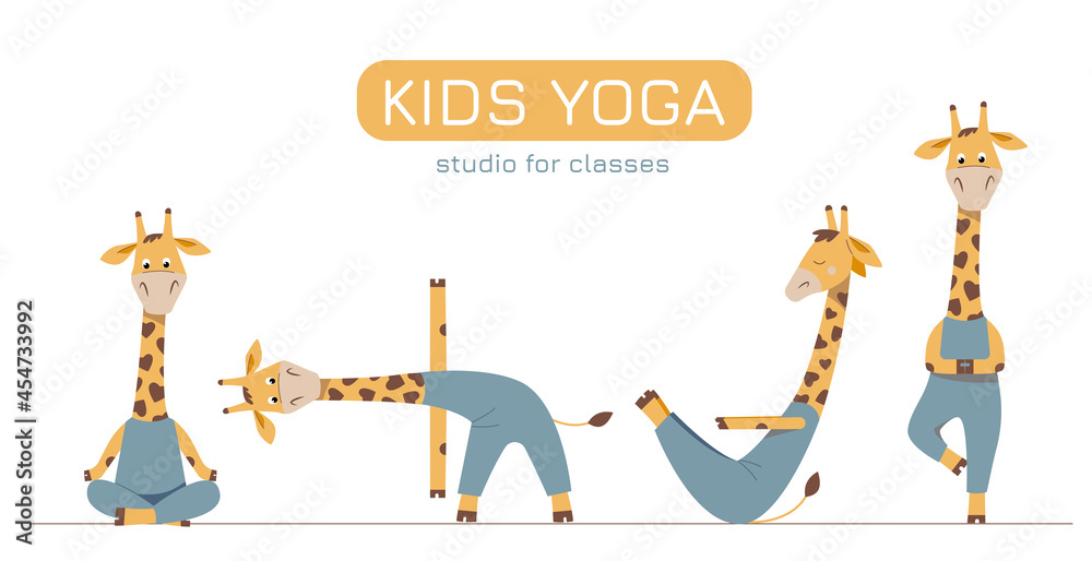 Vector set of cartoon giraffes in yoga poses. Cute animals kids ...