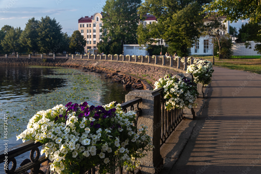 Row of wooden flower boxes with small purple and white flowers hanging ...