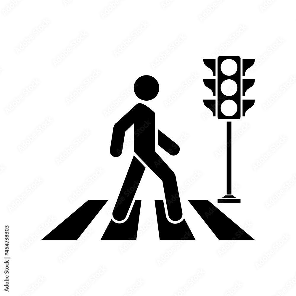 Man crosses the street at pedestrian crossing with traffic light. Road ...