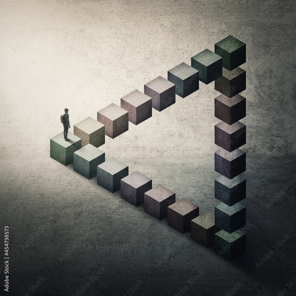Lost and confused man walks puzzled on a impossible triangle shape ...