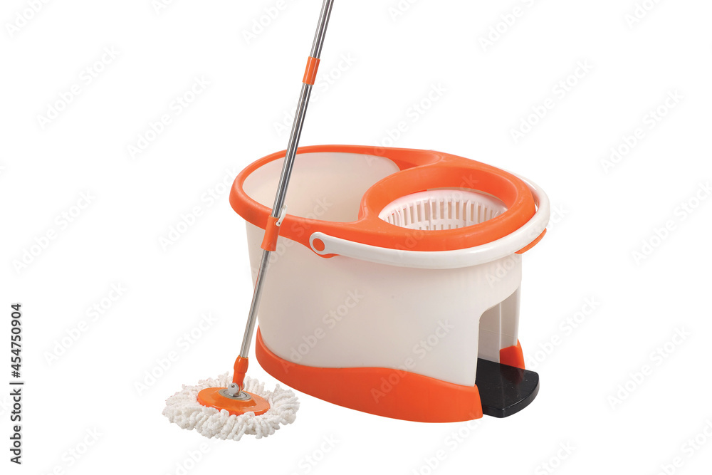 Realistic mop, sponge and bucket full of soapy foam with colorful ...