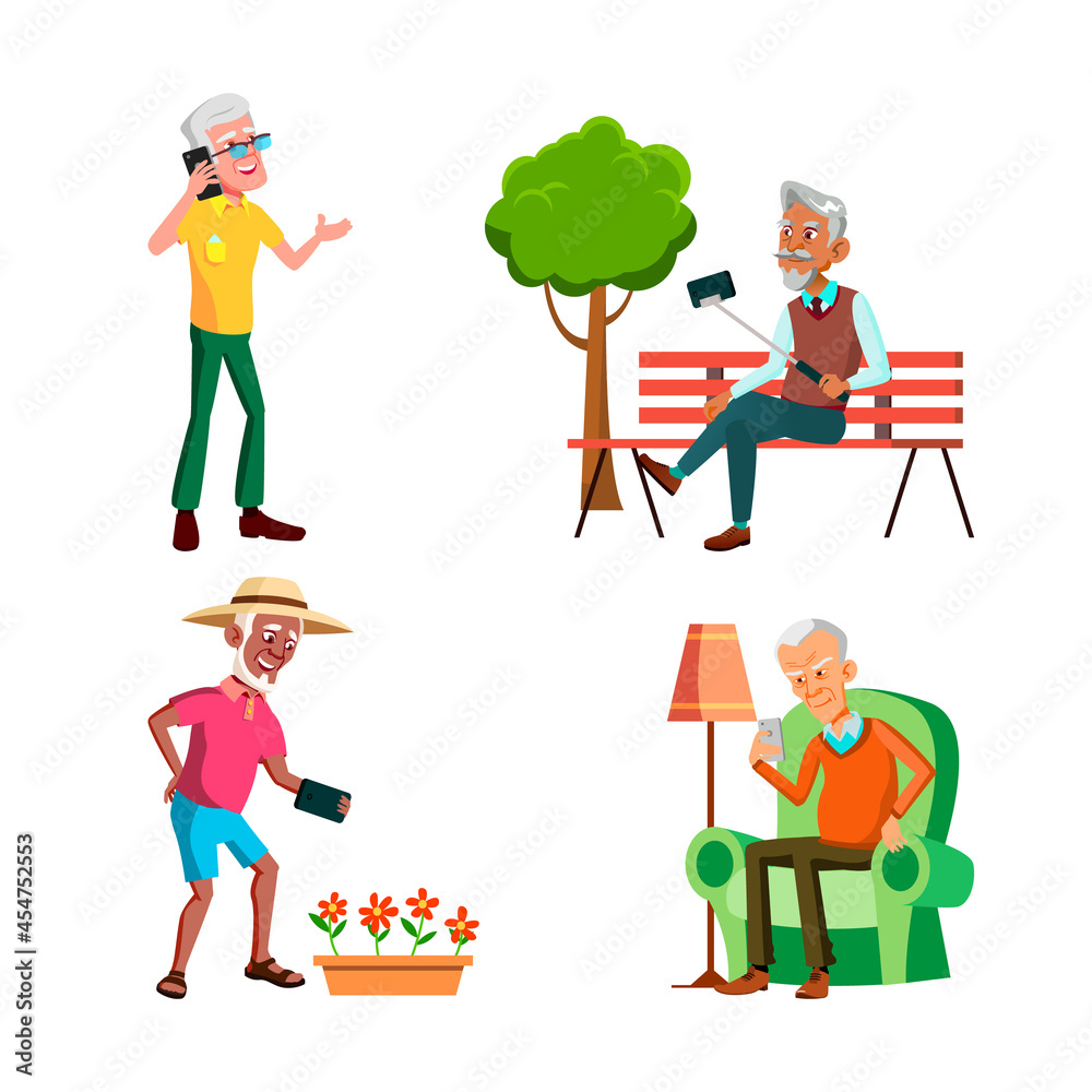 Old Men Using Phone For Communication Set Vector. Elderly Guy Talking ...