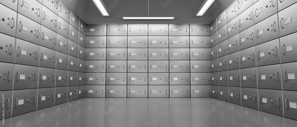 Bank safe boxes with closed steel doors in underground vault. Realistic ...
