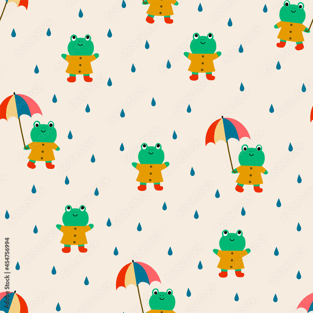 Seamless pattern with cute hand-draw frogs under the rain drops in ...