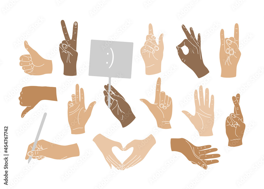 Big set with diverse simple hand gestures in flat style Stock Vector ...