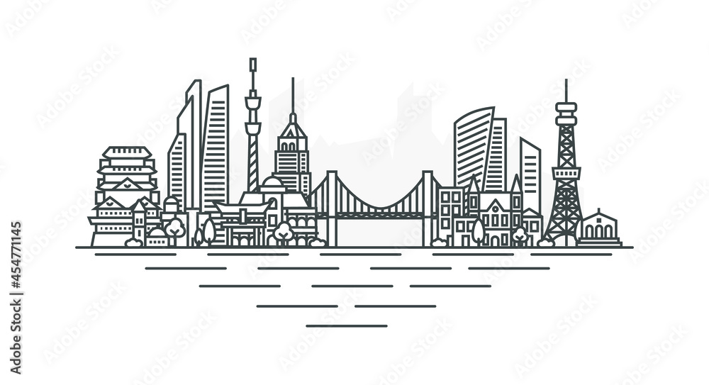 City of Tokyo, Japan architecture line skyline illustration. Linear ...
