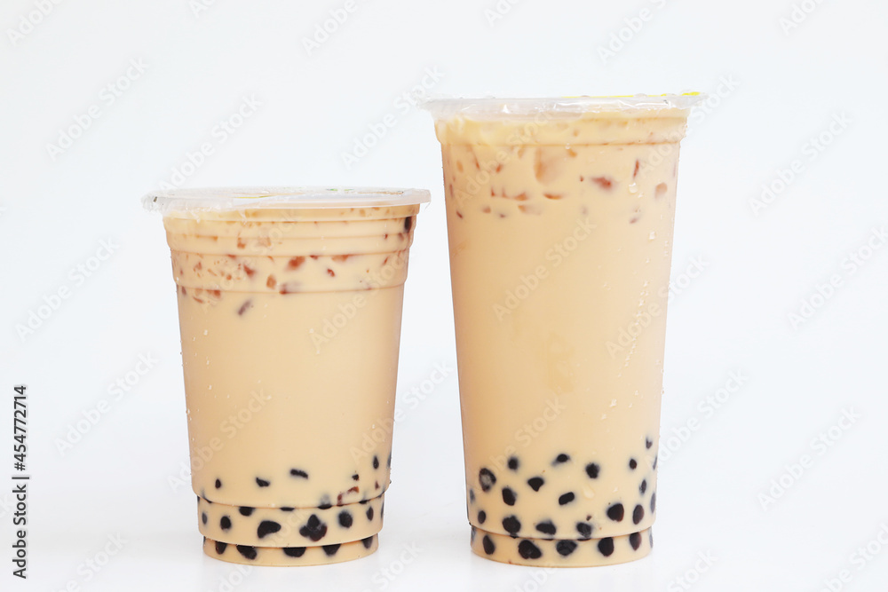 Double two cup iced milk tea and bubbel boba Taiwan Style on white ...