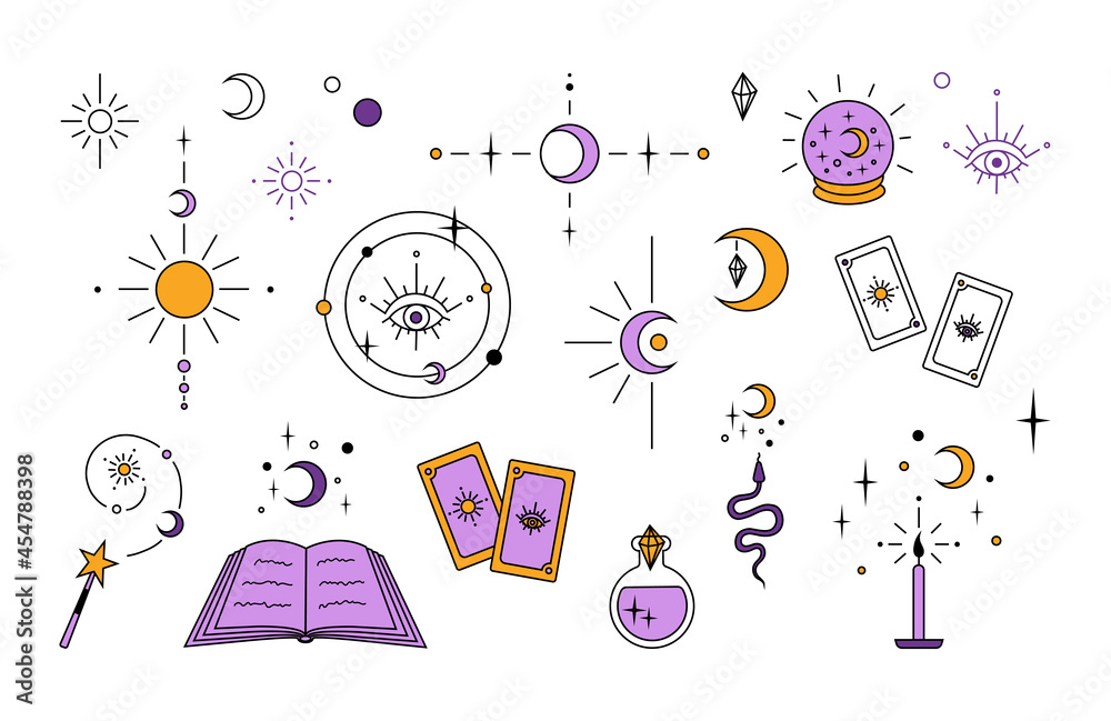 vector set of color isolated elements of magic and divination, esoteric ...