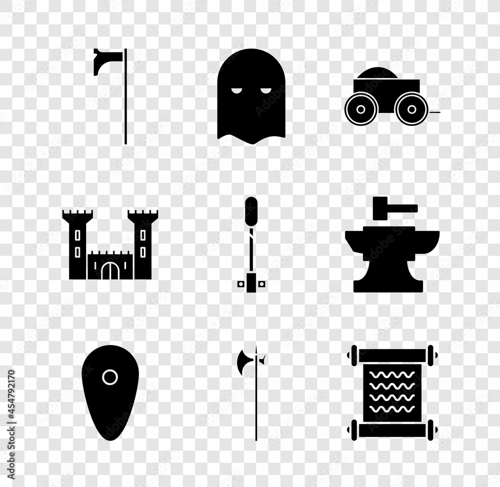 Set Medieval axe, Executioner mask, Wooden four-wheel cart, Shield ...