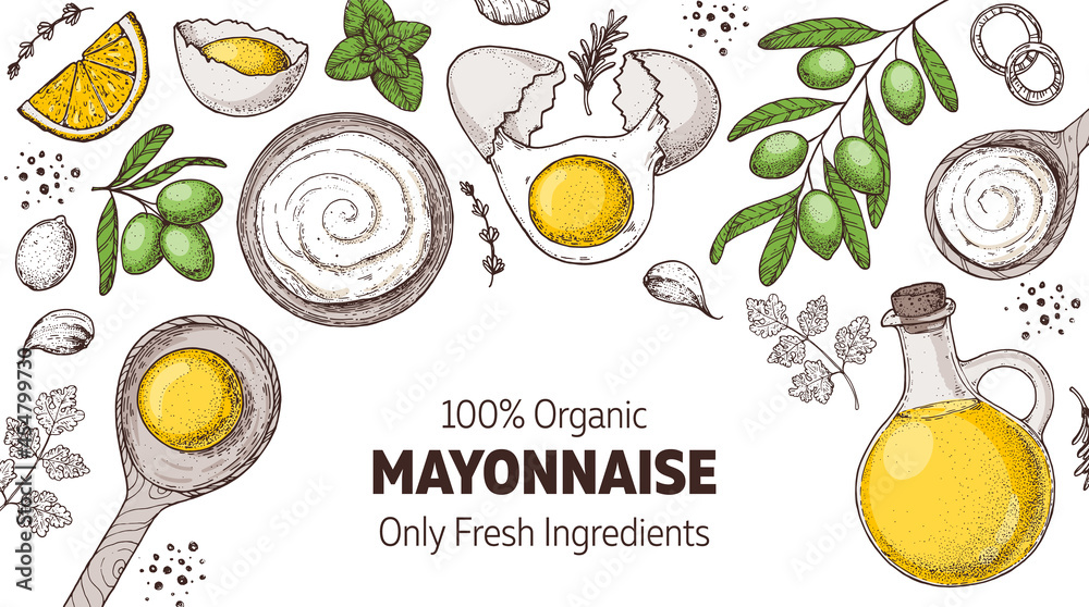Mayonnaise sauce cooking and ingredients frame. Hand drawn vector ...