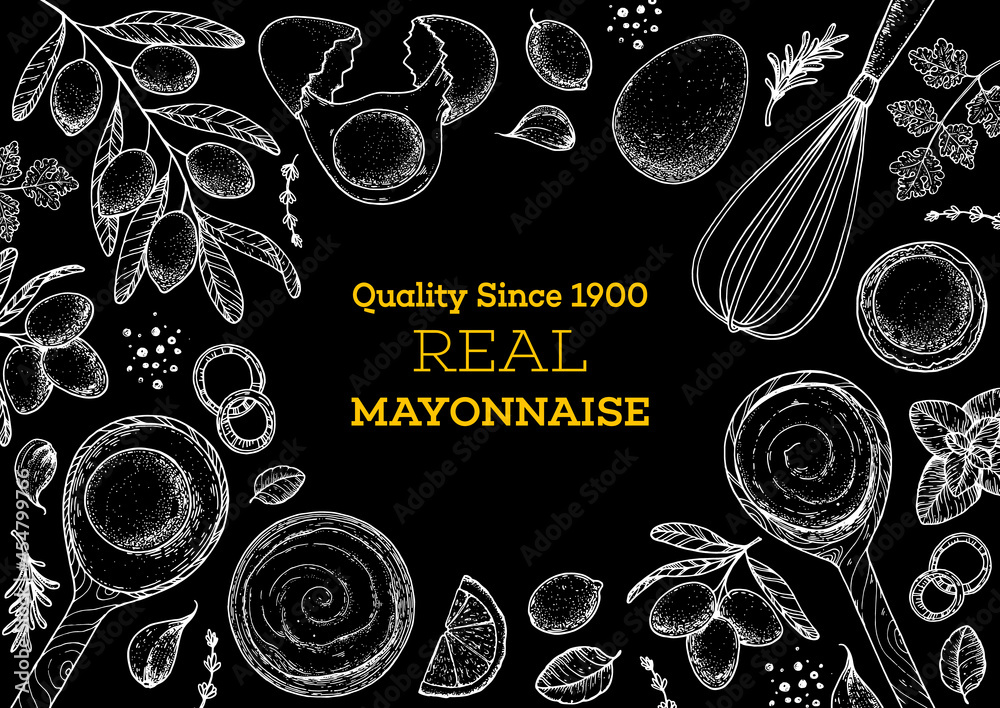 Mayonnaise sauce cooking and ingredients sketch, hand drawn vector ...