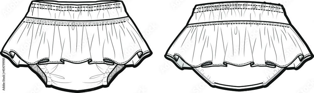 Baby girls ruffle bloomers front and back view flat sketch vector ...