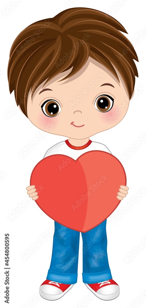 Cute Little Brunette Boy Holding Shape of Heart. Vector Boy with Heart ...