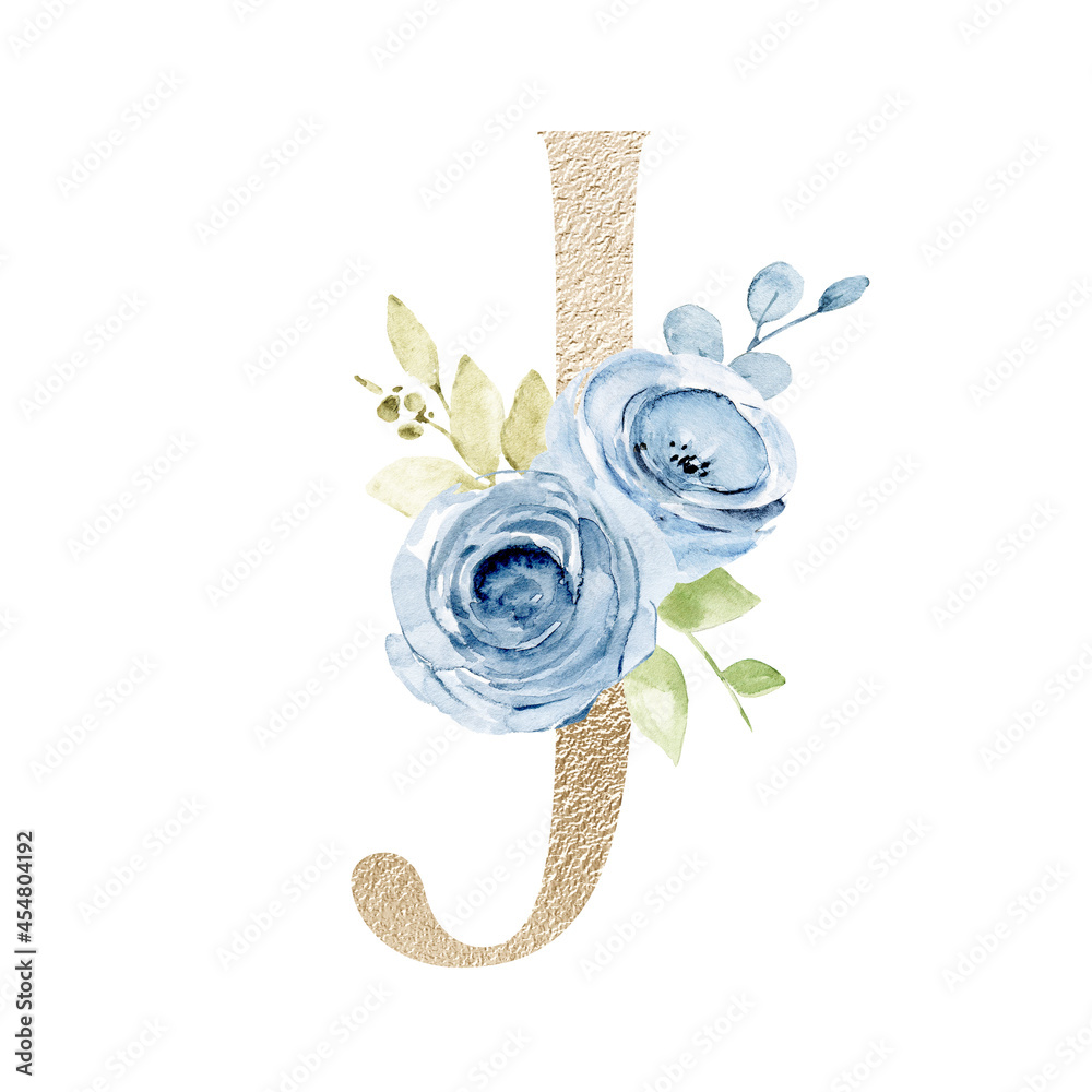 Floral alphabet, letter j with watercolor flowers and leaf. Gold ...
