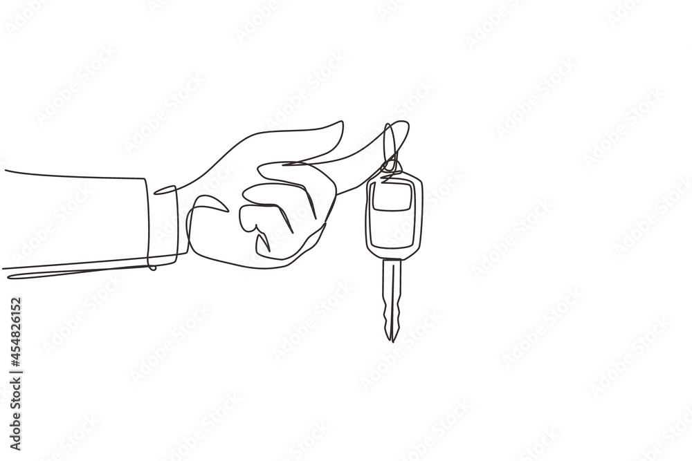 Single one line drawing hand holding hanging car key and alarm system ...