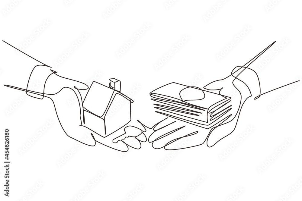 Continuous one line drawing buying house. Agent of real estate holding ...