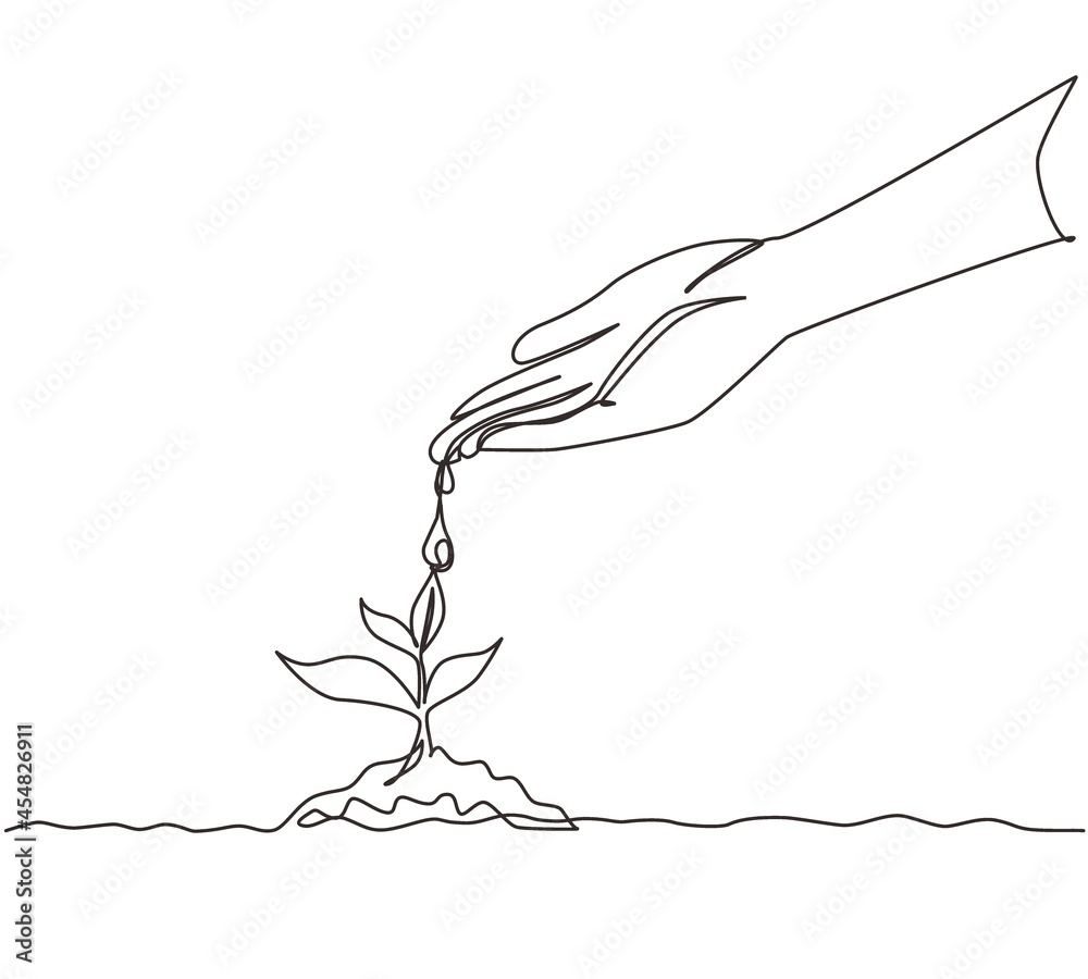 Vetor de Single one line drawing hand nurturing and watering young baby ...