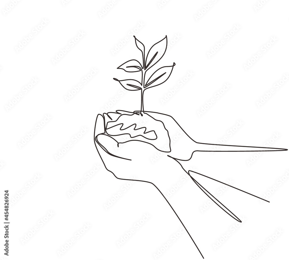 Vetor de Single continuous line drawing hands of the farmer are ...