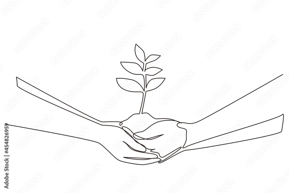 Continuous one line drawing two hands holding together a green young ... Continuous one line drawing two hands holding together a green young ...