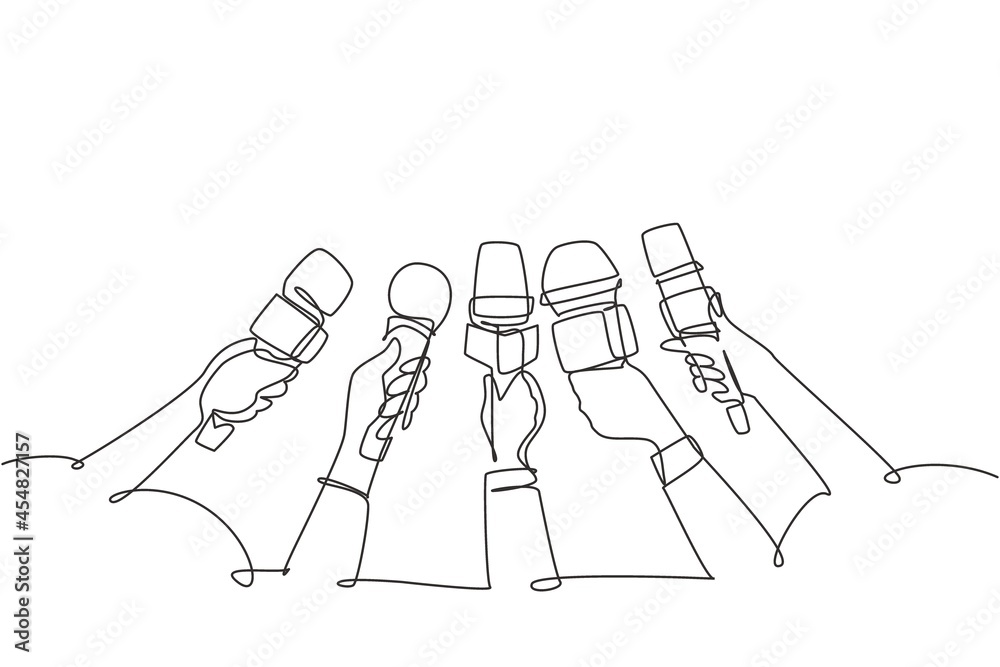 Single one line drawing interview concept with microphones on white ...
