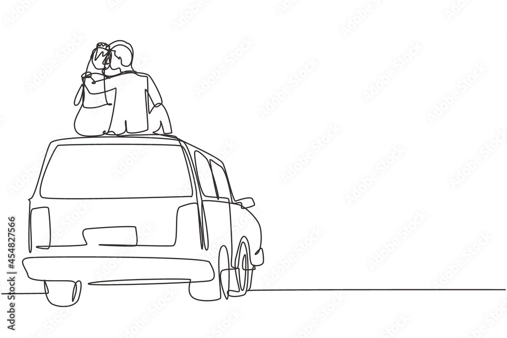 Single One Line Drawing Back View Married Lovers Sitting On Roof Of Car