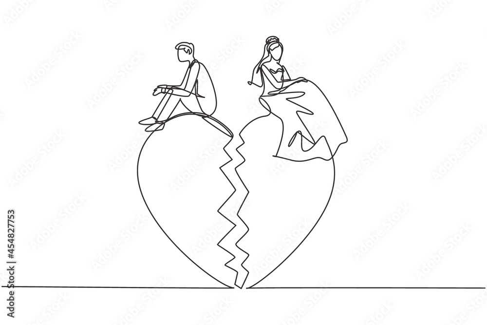 Continuous one line drawing relationship break up, broken heart, couple ...