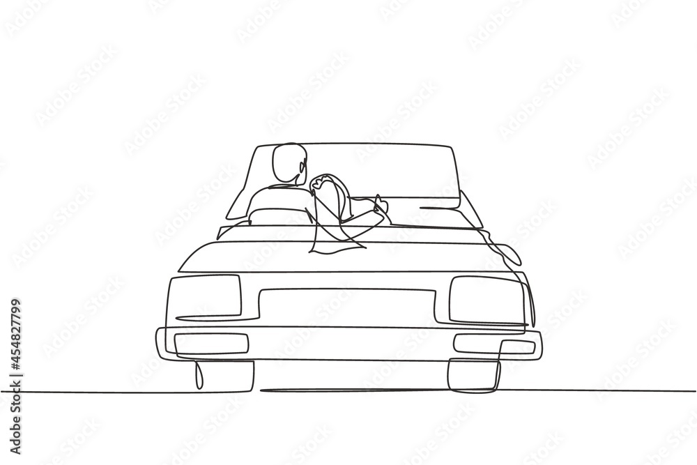 Single continuous line drawing back view loving couple sitting and ...