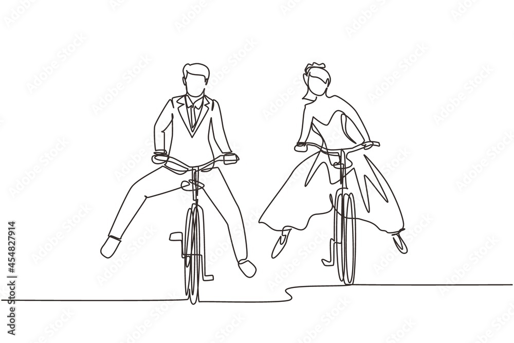 Single continuous line drawing married couple riding on bicycle ...