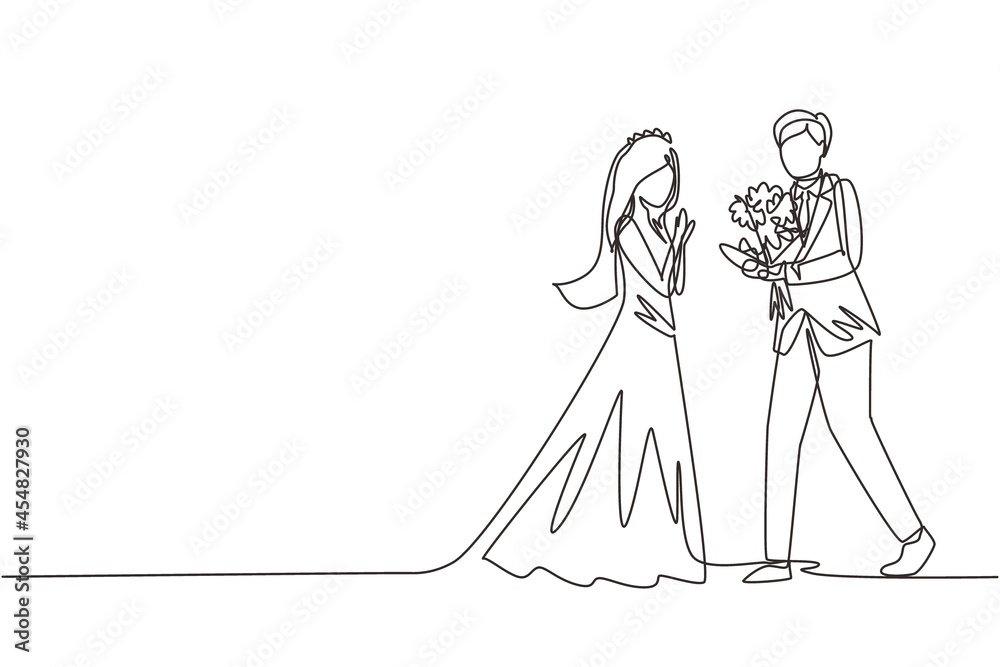 Single one line drawing man making proposal marriage to woman with ...