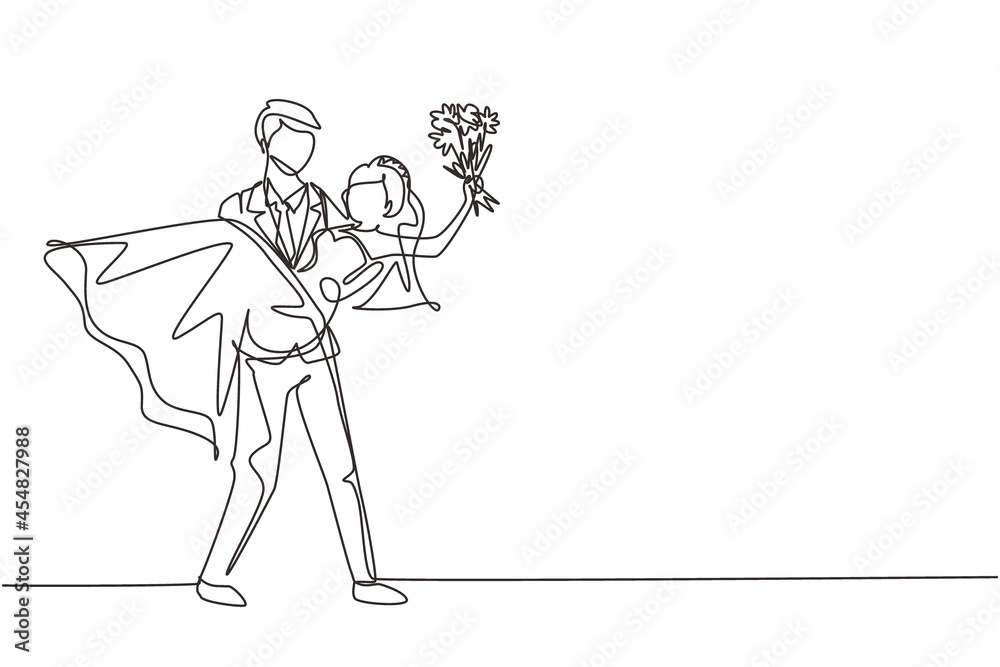 Poster Single continuous line drawing man holding a woman wearing ...