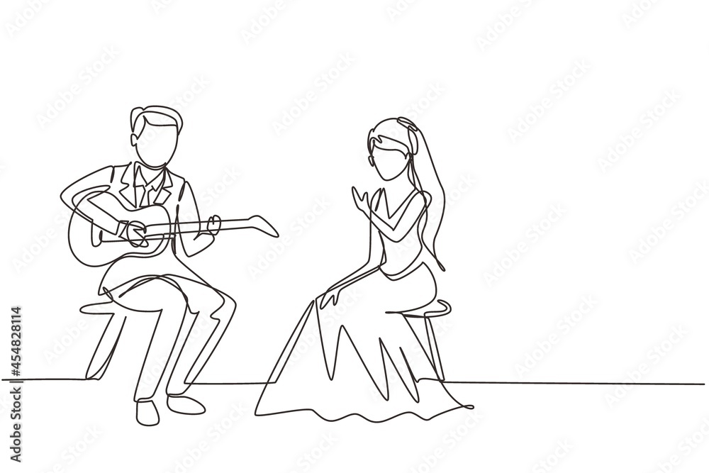 Continuous one line drawing married couple with wedding dress sitting ...