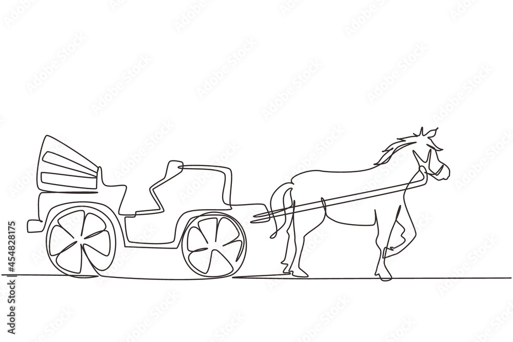 Single one line drawing vintage transportation, horse pulling carriage ...