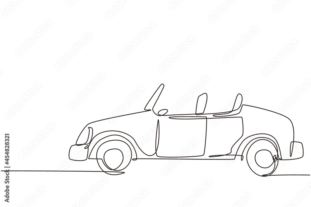 Single one line drawing side view classic retro convertible sports car ...