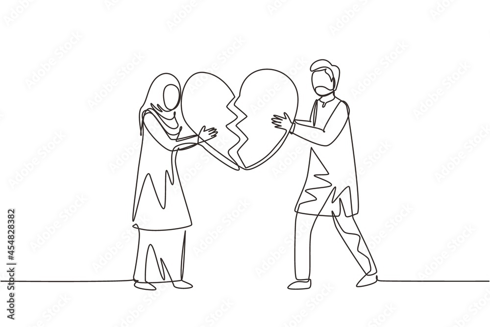 Single one line drawing heartbroken Arabic couple parting, divorce. Sad ...