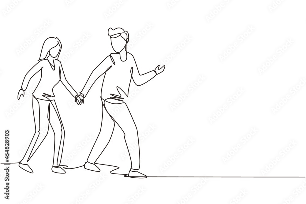 Single one line drawing happy man pulled woman hand. Romantic couple ...