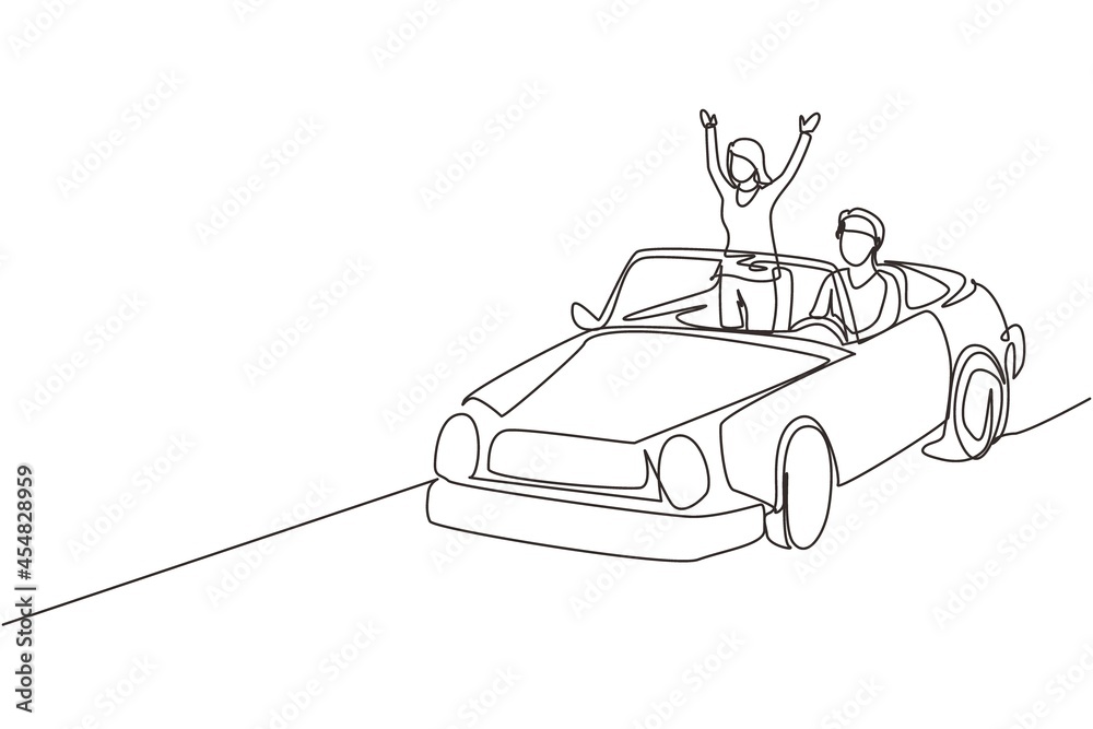 Single continuous line drawing happy couple riding car going on road ...