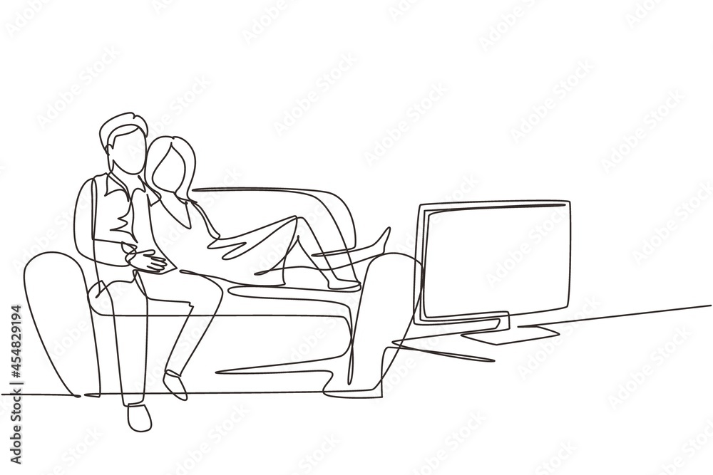 Continuous one line drawing couple watching TV together sitting on sofa ...