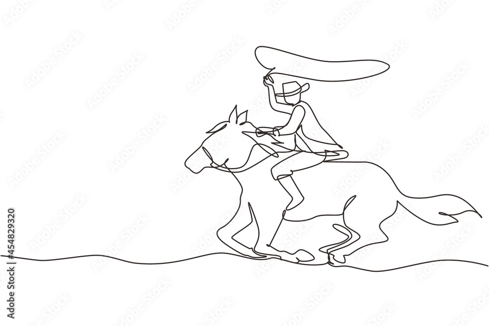 Single continuous line drawing cowboy on horse galloping across dusty ...