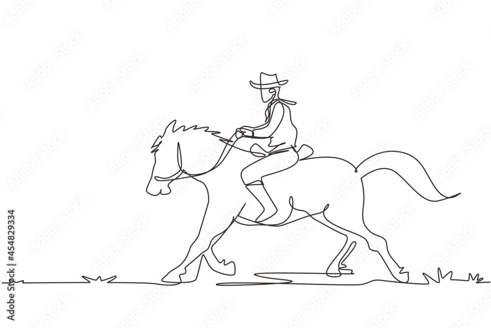 Poster Continuous one line drawing the wild west and desert with cowboy ...