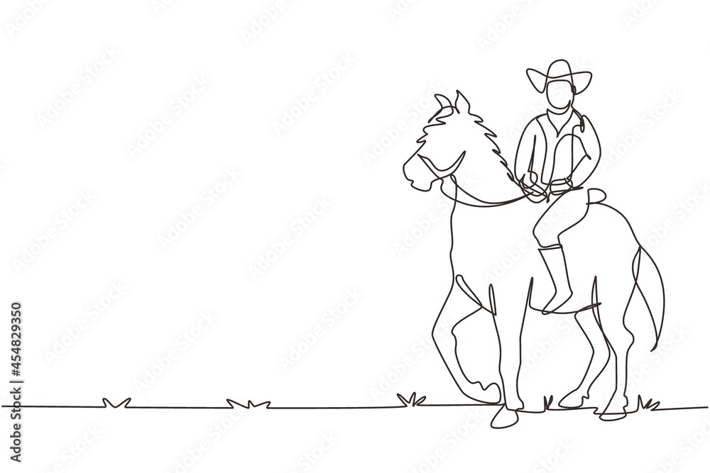 Single continuous line drawing cowboy riding standing horse at desert ...