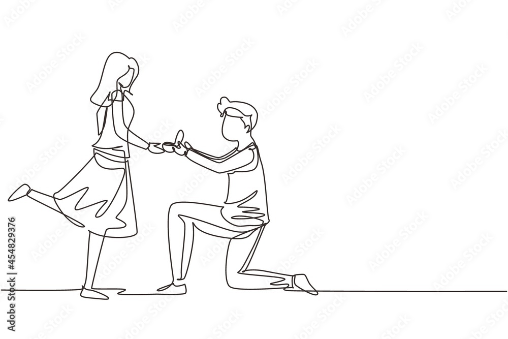 Single continuous line drawing man kneeling offering engagement ring to ...