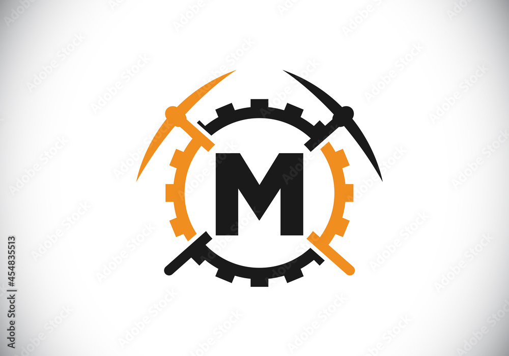 Vetor de Initial M monogram letter alphabet with pickaxe and gear sign ...