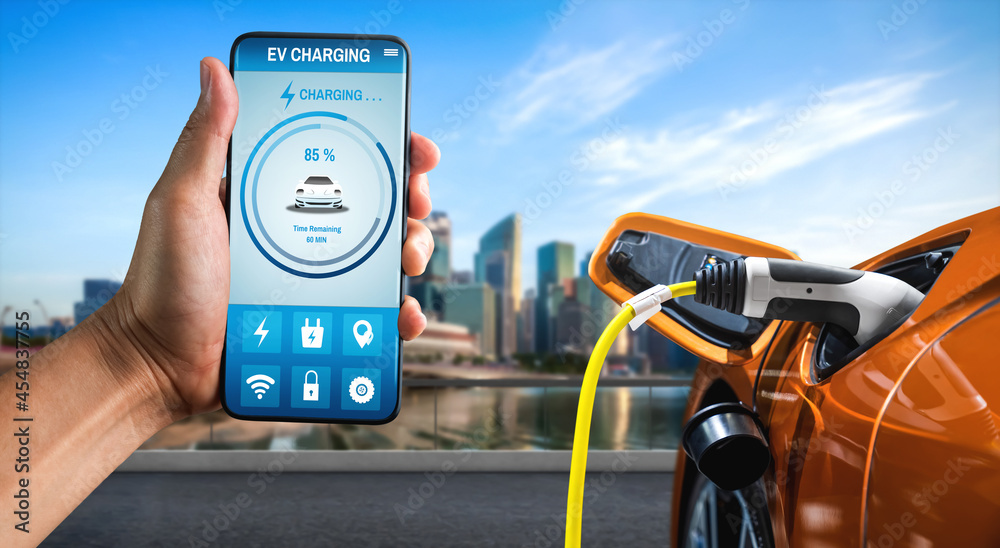EV charging station for electric car with mobile app display charger ...