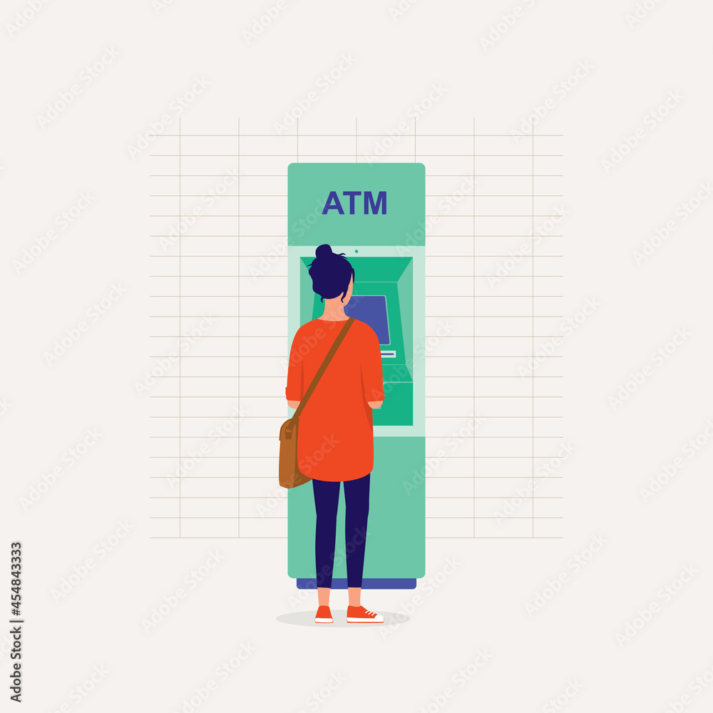 Vettoriale Stock Back View Of A Young Woman Withdrawing Money At The ...