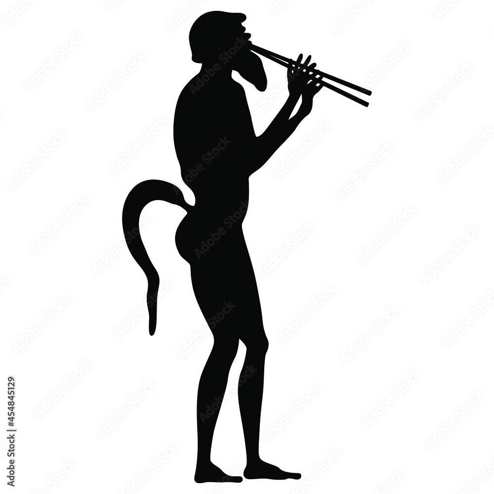 Standing ancient Greek satyr playing double flute aulos. Black ...