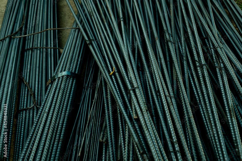 Steel background, construction irons for building, stack of ribbed ...