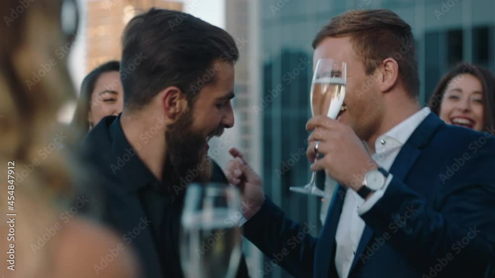 happy group of friends dancing celebrating glamorous party event ...