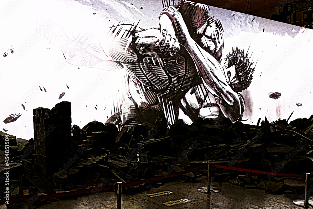 Osaka,Japan - Nov 14,2019 : Numerous exhibits at the "Attack on Titan ...